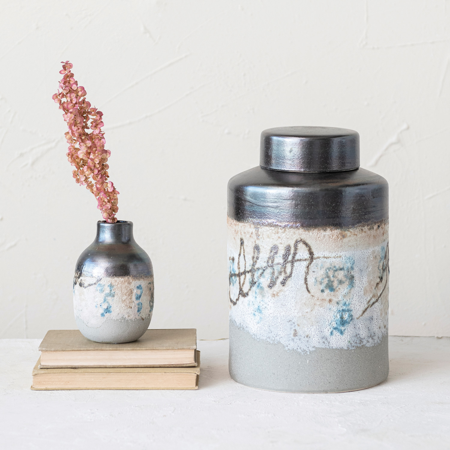 Decorative Hand-Painted Stoneware Ginger Jar, Reactive Glaze, Multi ...