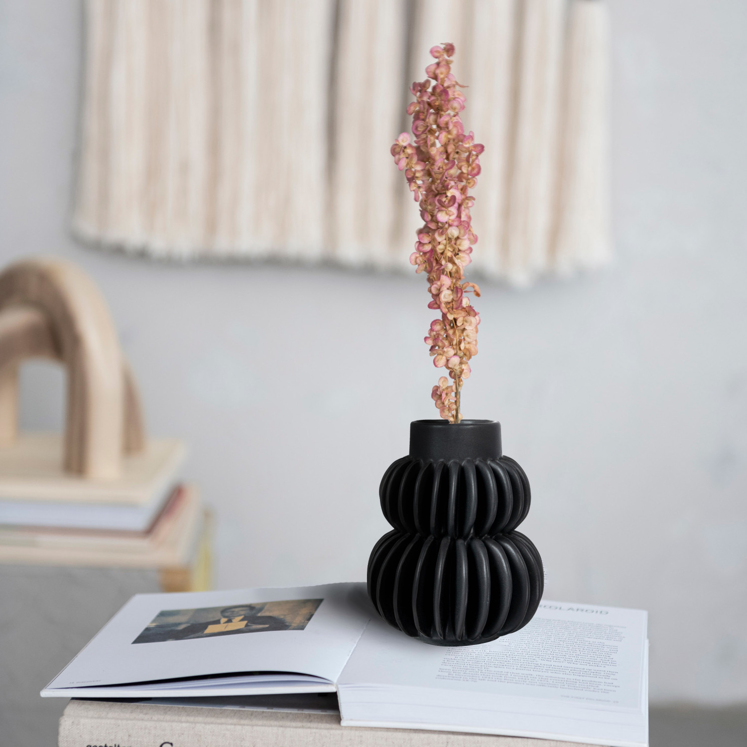 Handmade Pleated Stoneware Vase, Matte Black
