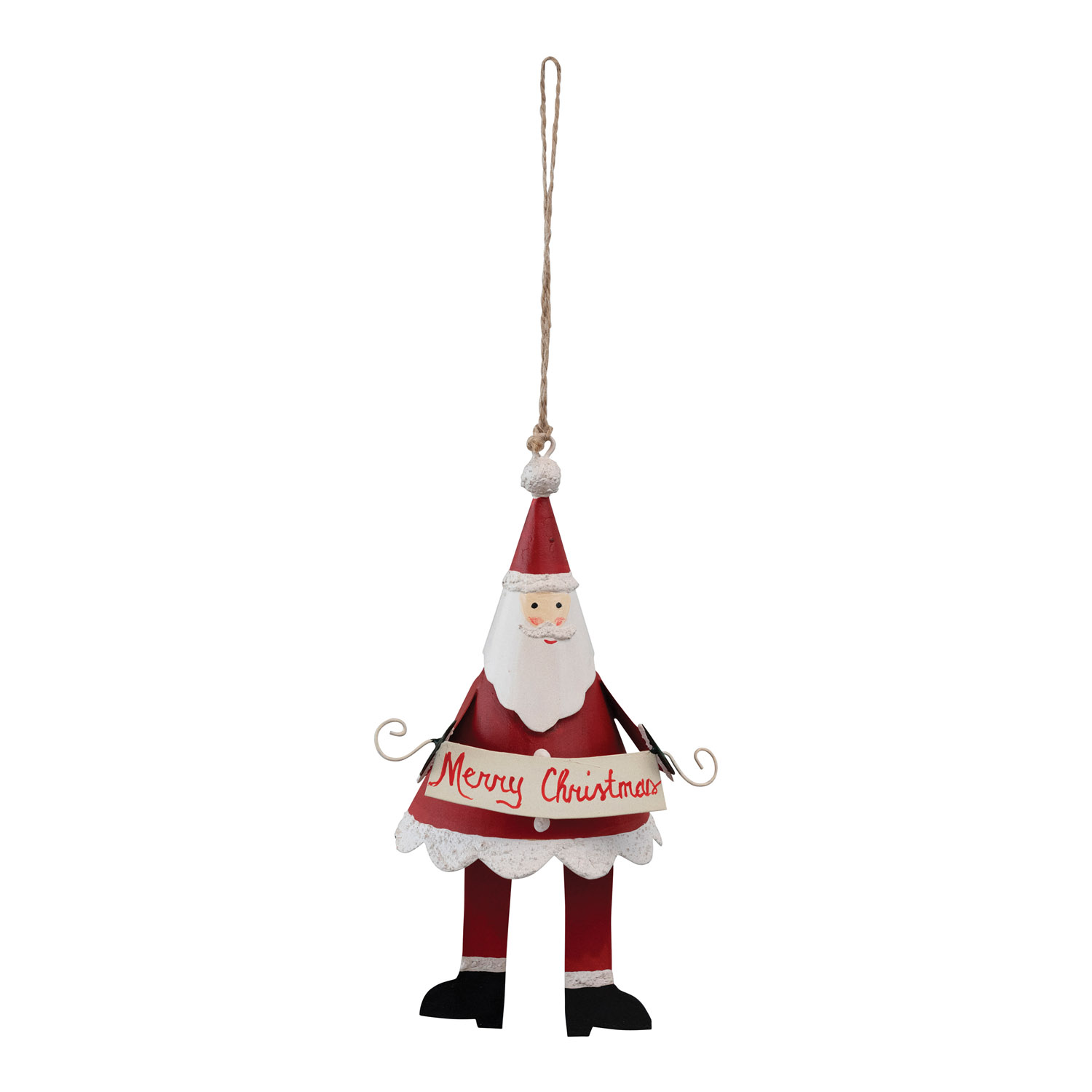 7"H Hand-Painted Tin Santa Ornament with Sign and Dangling Feet "Merry ...