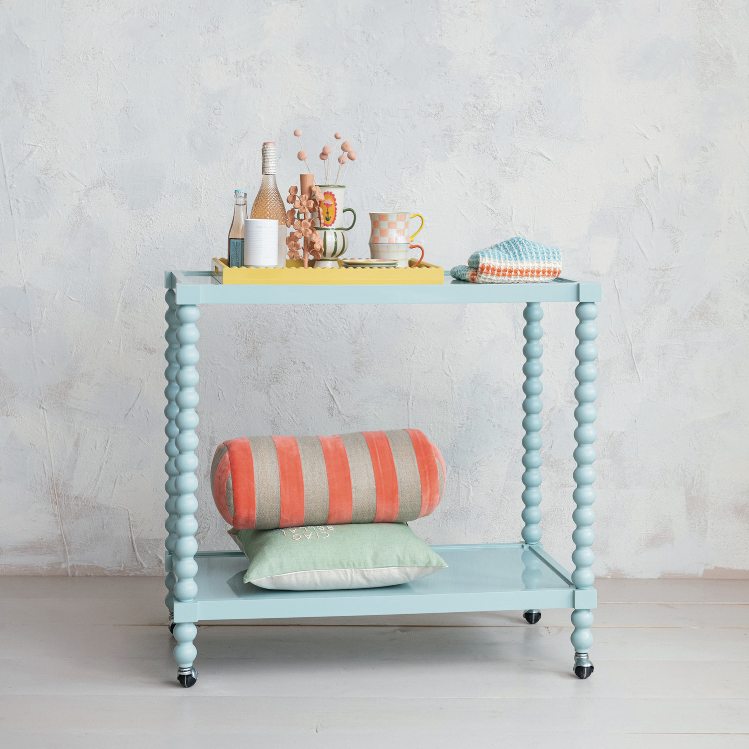 Rubberwood Lacquered 2-Tier Bar Cart on Casters, Blue, KD