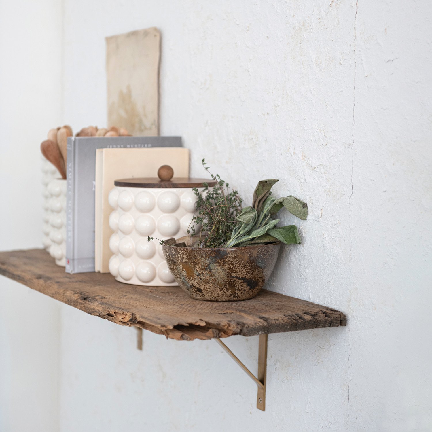 8-1/4" Round x 8-1/4"H Stoneware Canister w/ Raised Dots & Acacia Wood ...