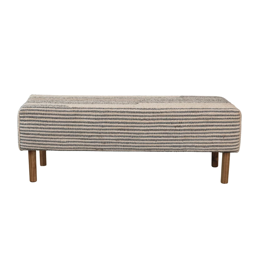 Woven Jute & Cotton Dhurrie Upholstered Striped Bench w/ Oak Wood Legs
