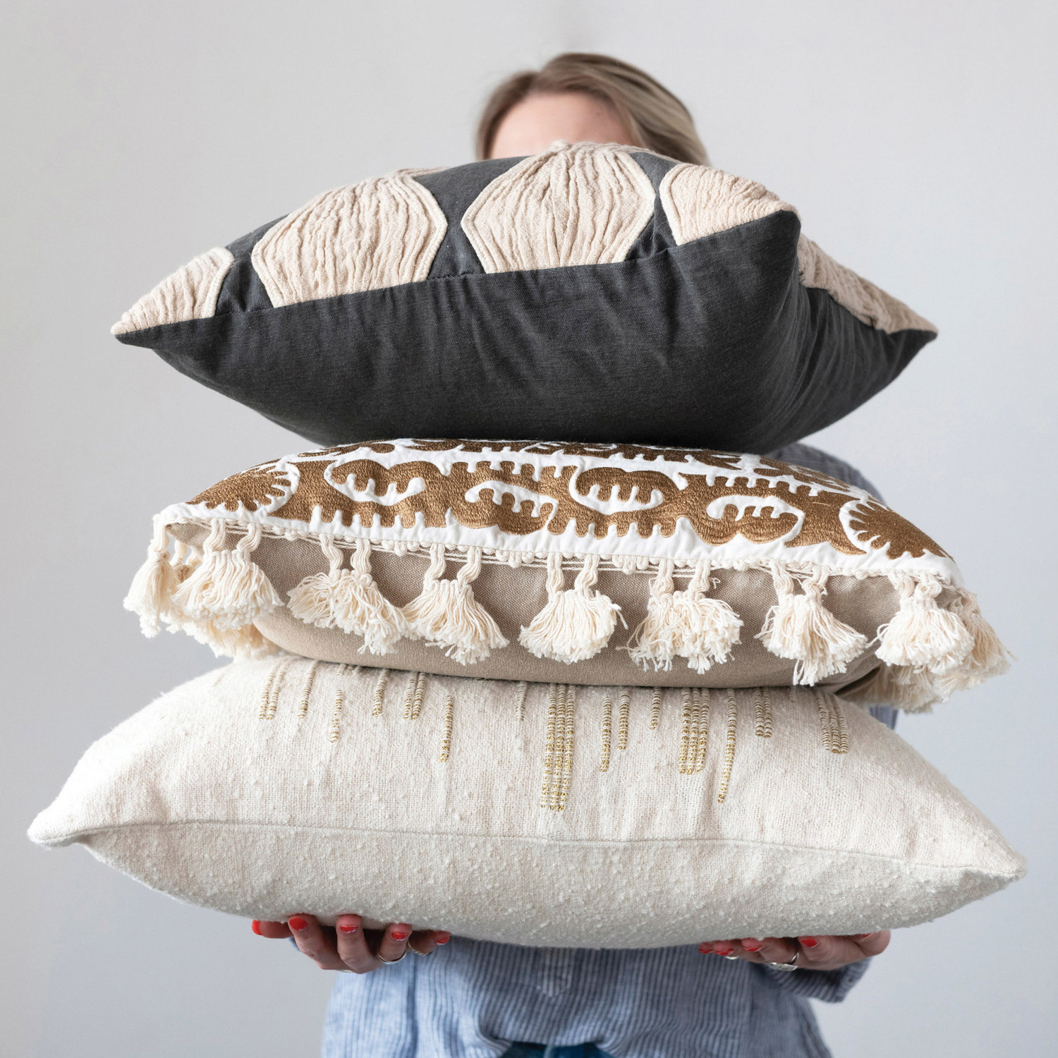 20" Square Cotton Pillow w/ Embroidery, Chambray Back & Tassels ...