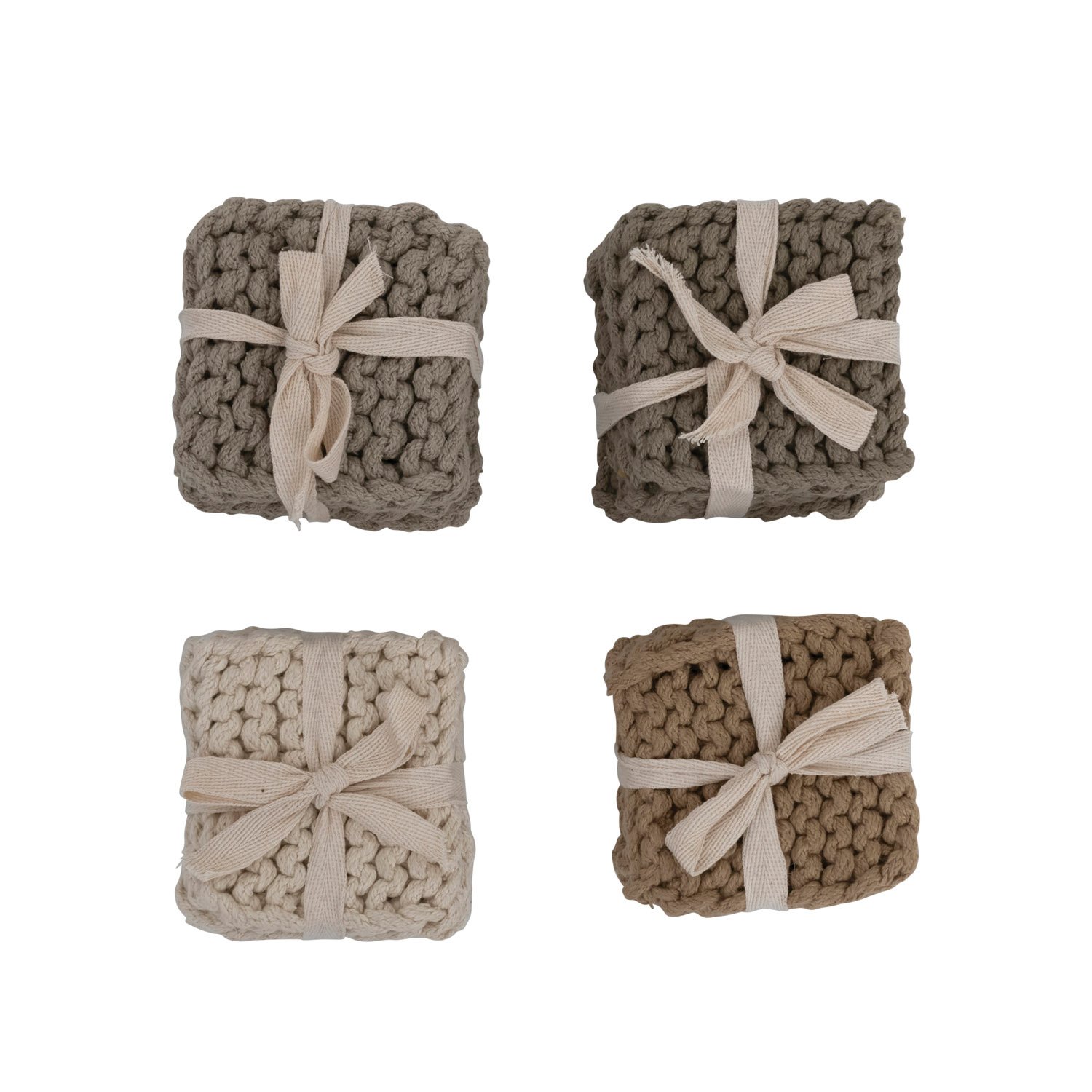4" Square Cotton Crocheted Coasters, Set of 4, 4 Colors
